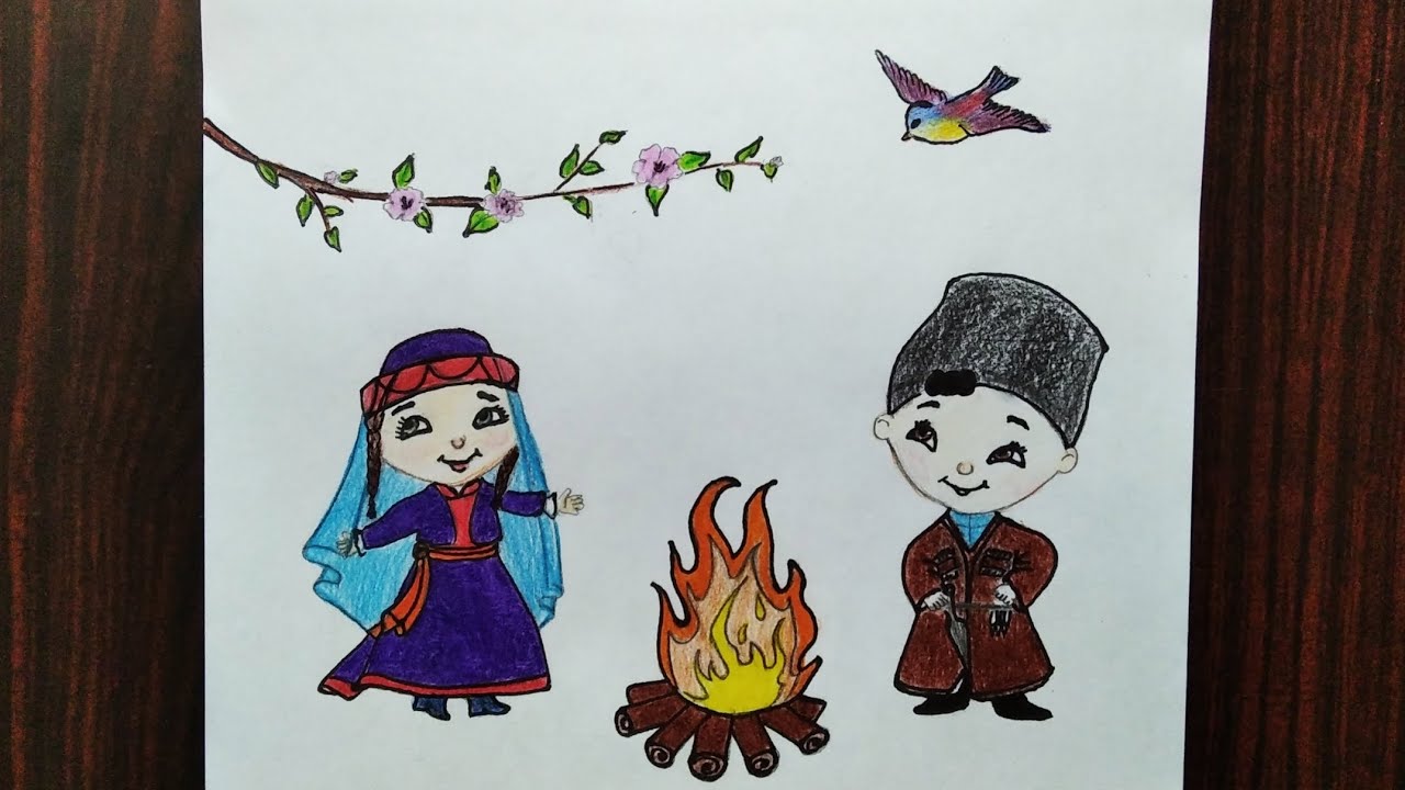 Novruz Bayramına Aid Şəkil. Qız və Oğlan Şəkili || Tonqal Necə Çəkilir ...