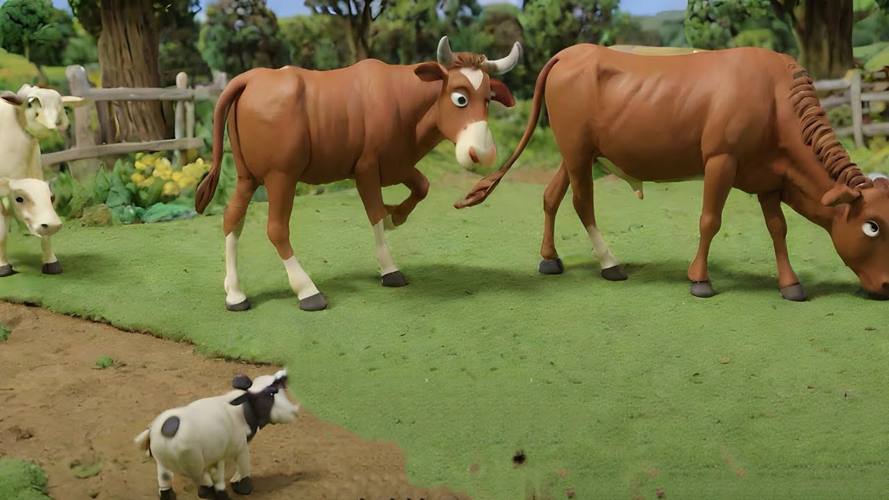 Cute and cute tame calf Play together in the grass-cow field happy ...