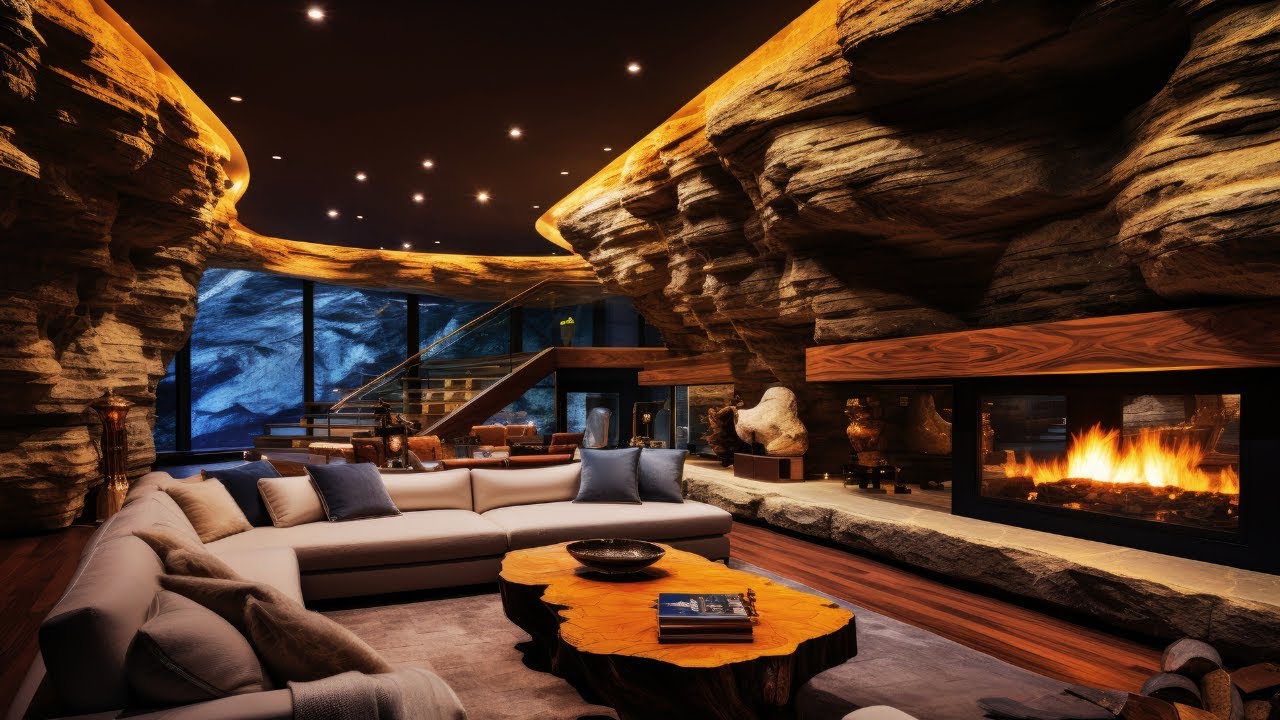 🔥 Cozy Modern Cave House Living Room with Jazz & Fireplace - Relaxing ...