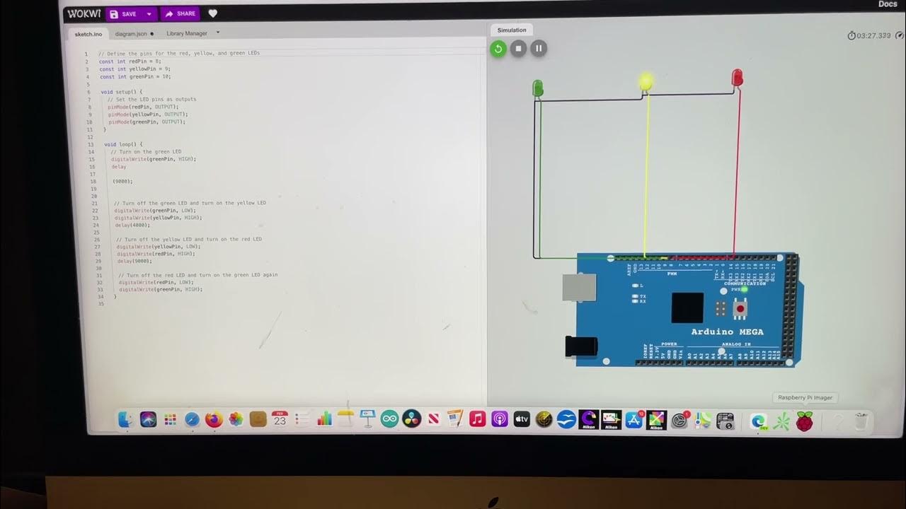 Used ChatGPT to create Arduino code to simulate a traffic light. Loaded into Wokwi, this is ...