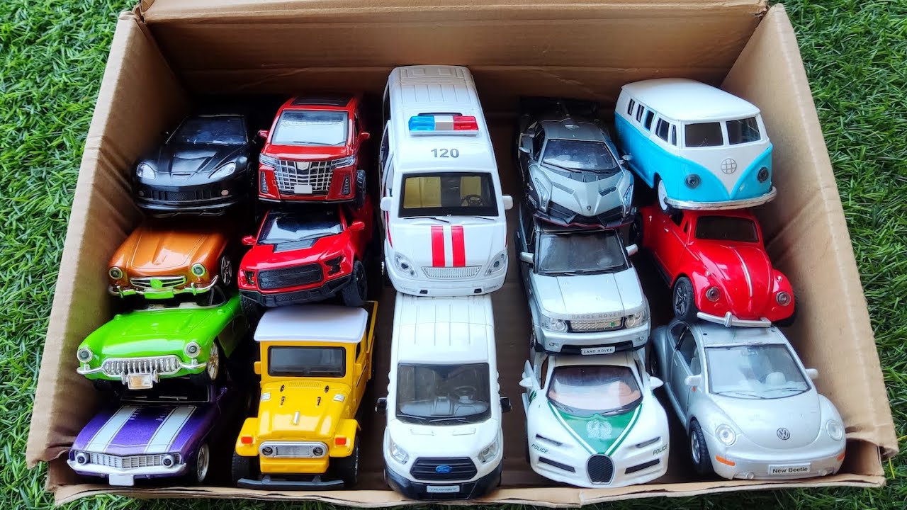 Box Full of Cars, Various metal car model miniatures, Jeep, Ambulance ...