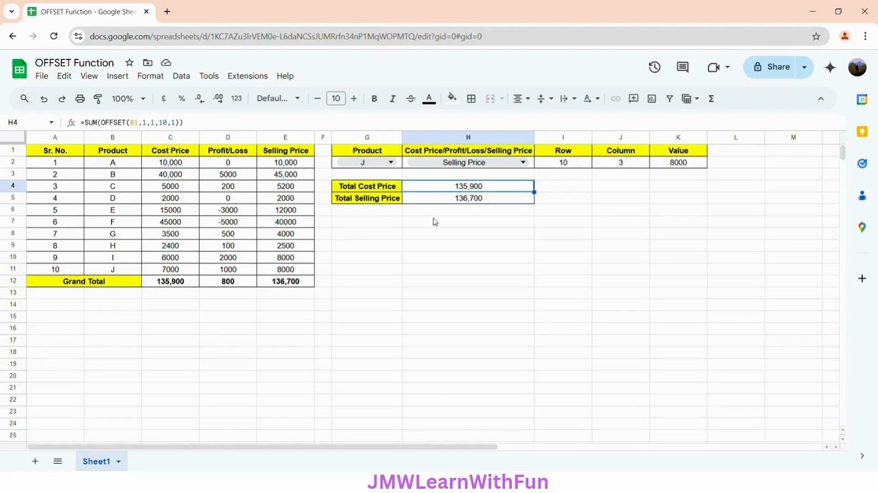 "OFFSET" function in Google Sheets - YouTube