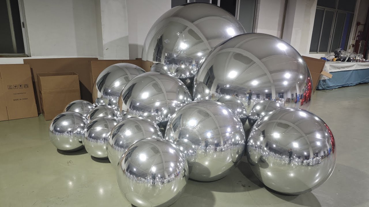 Silver color big shimmery inflatable spheres Silver giant mirror ball ...