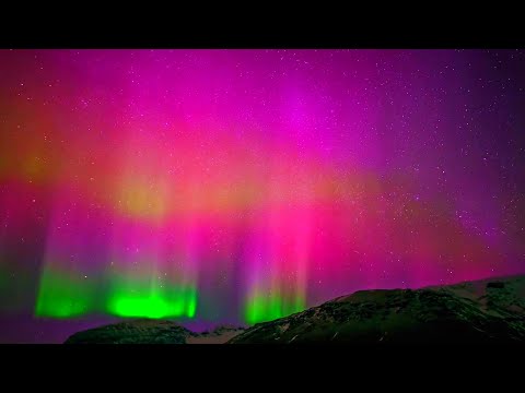 Most Colorful Northern Lights. Green Red Yellow Pink Violet Orange Colors of Aurora Borealis