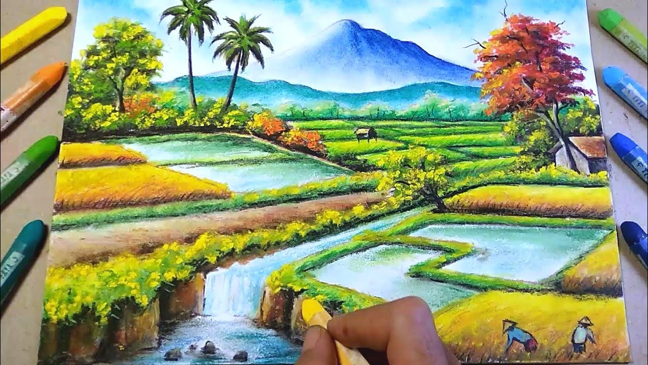 CARA MELUKIS PEMANDANGAN ALAM DENGAN CRAYON STEP BY STEP - YouTube