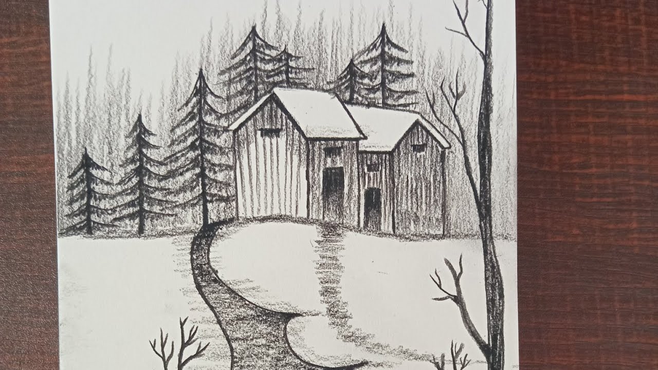 Easy snowy landscape for beginners||Winter landscape pencil drawing ...