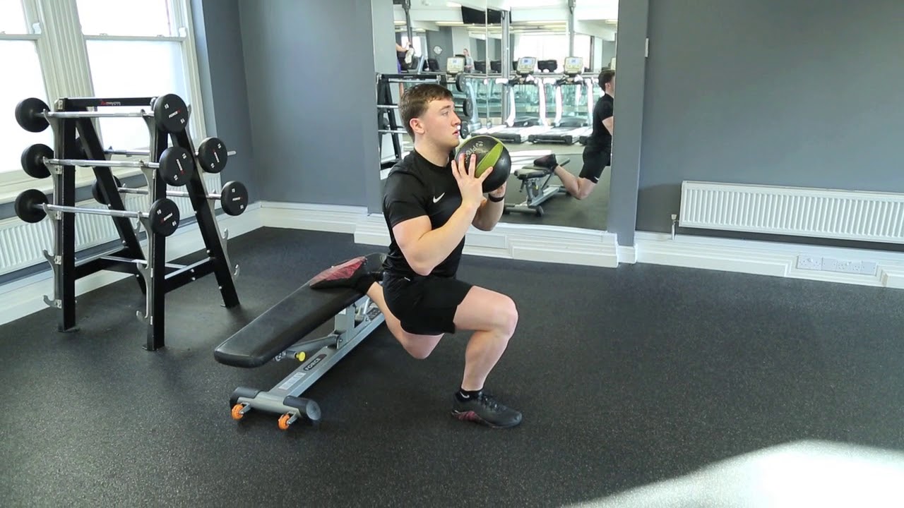 How To Do Medicine Ball Eccentric Bulgarian Split Squat to press ...