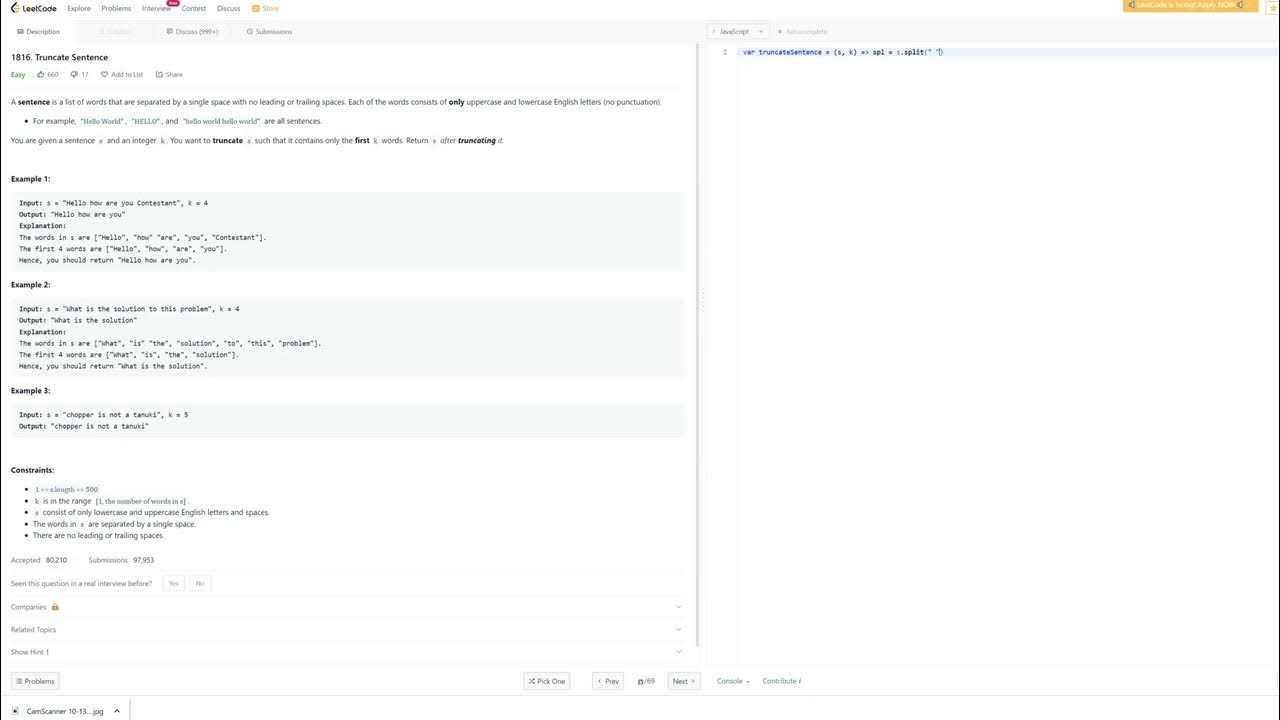 1816. Truncate Sentence - JavaScript - One Line - YouTube