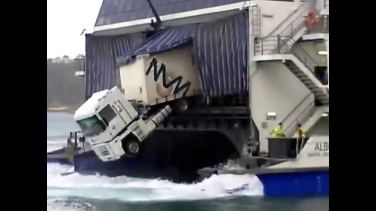 Unsecured truck nearly falls from a ferry - YouTube