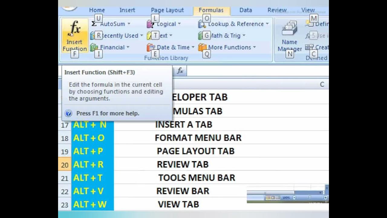 How to open formula tab in Excel| MS Excel short keys| Excel short keys ...