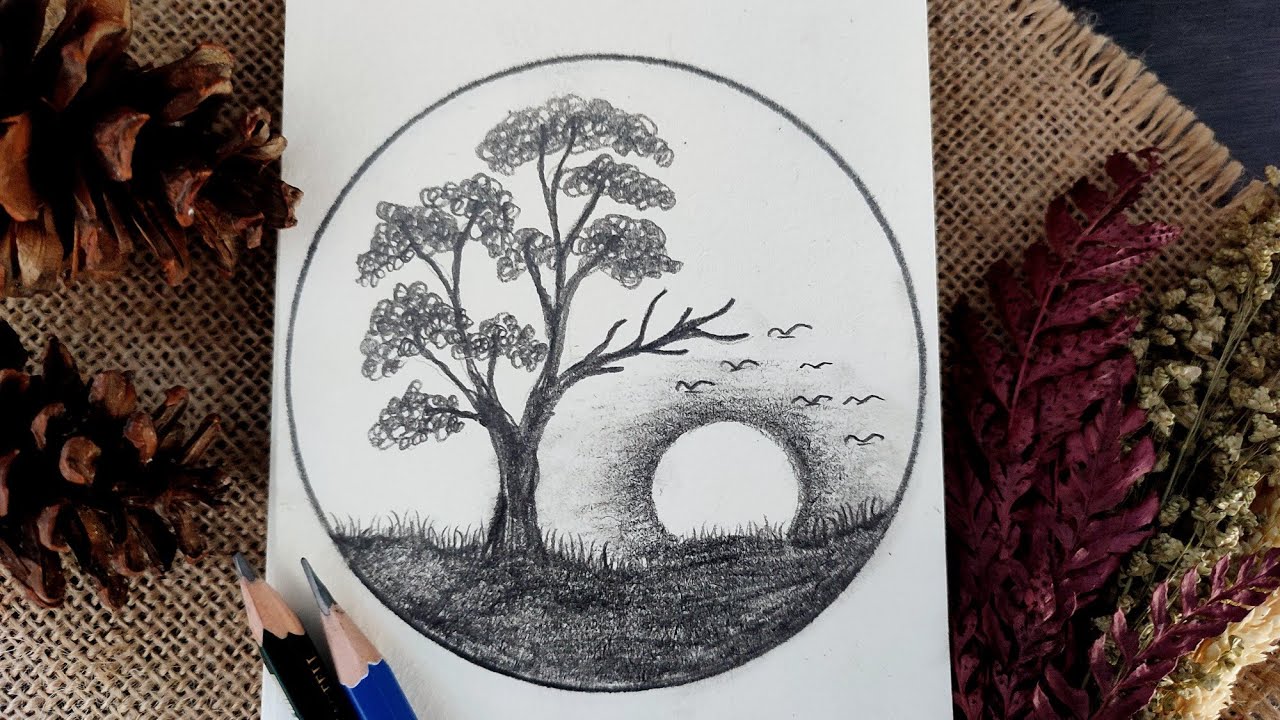 How to draw step by step | Easy Scenery drawing for beginner | Circle ...