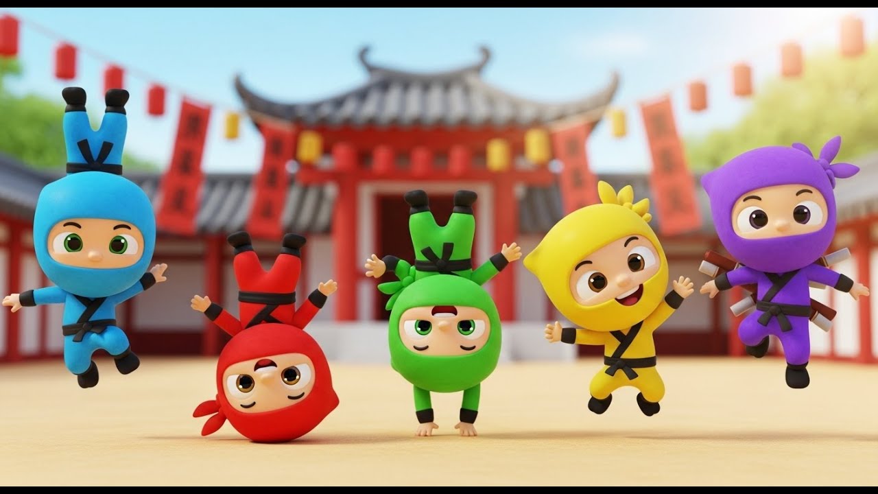 Five Little Ninjas Flip Flip Flip 🥷 | Funny and Fun Kids Nursery Rhyme ...