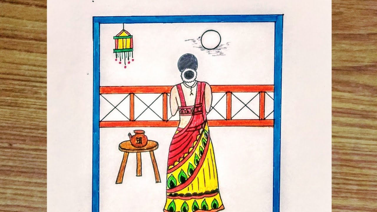 Karva Chauth drawing easily.करवाचौथ का चित्र। how to draw Karva Chauth ...