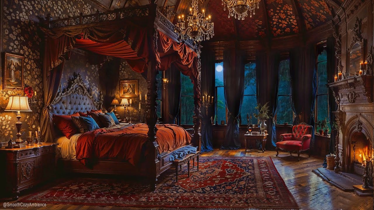 Red In a Castle Badroom With Rain, Thunder, & Fireplace Sounds For ...