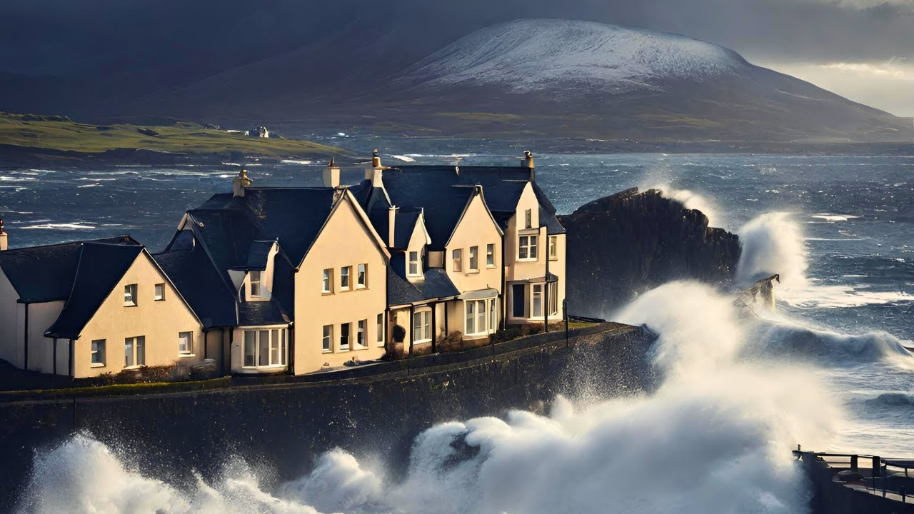 SCOTLAND HIGHLANDS STORMY HEAVY WAVES STRONG WINDS HEAVY RAIN CRASHING WAVES ON MOUNTAINS ...