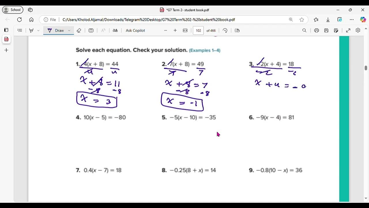 Reveal math grade 7 lesson 6_ 4 solve two step equatiins P(x + q) = r - YouTube