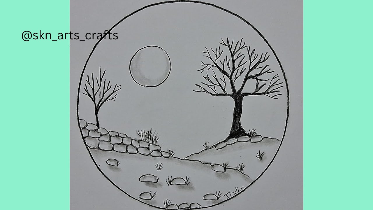 Tree Scenery Drawing/Circle Drawing/ Easy Scenery / Landscape sketch ...