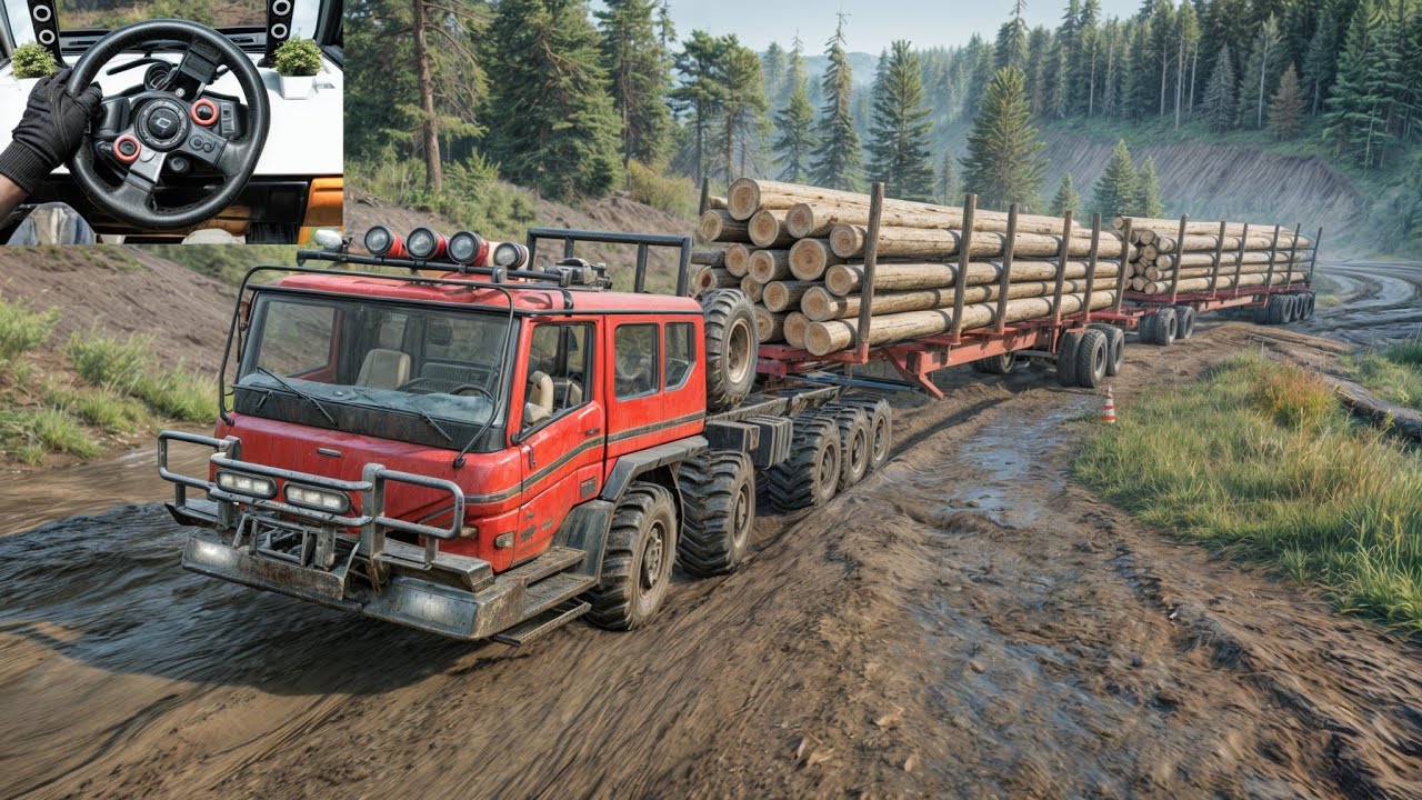 Azov 73210 - Delvery Multiple Logs Loaded Trailer on Muddy Trails ...