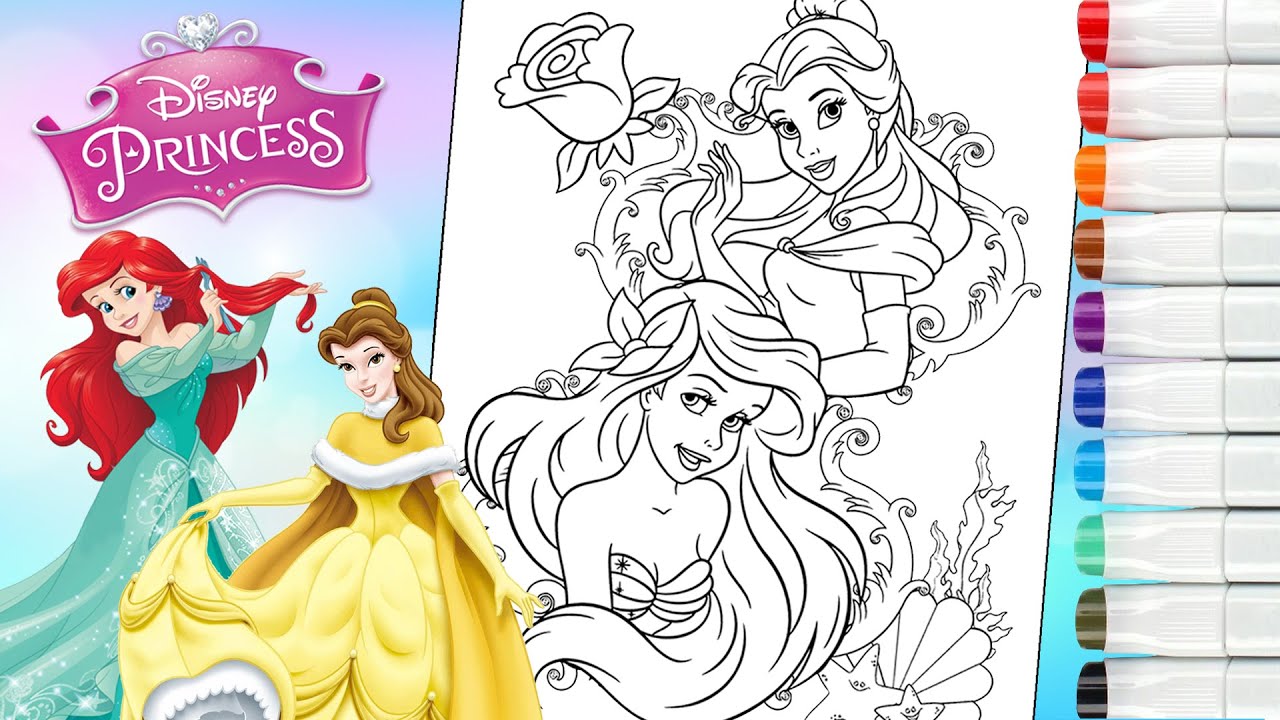 Colouring Disney Princesses | Colour Princess Ariel & Princess Belle ...