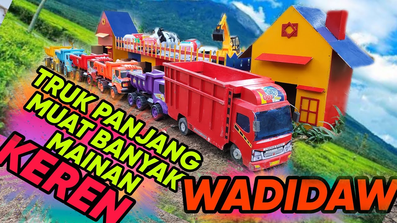 truk gandeng panjang muat penuh mainan ,T-rex,mobil,naga,branciosaurus ...