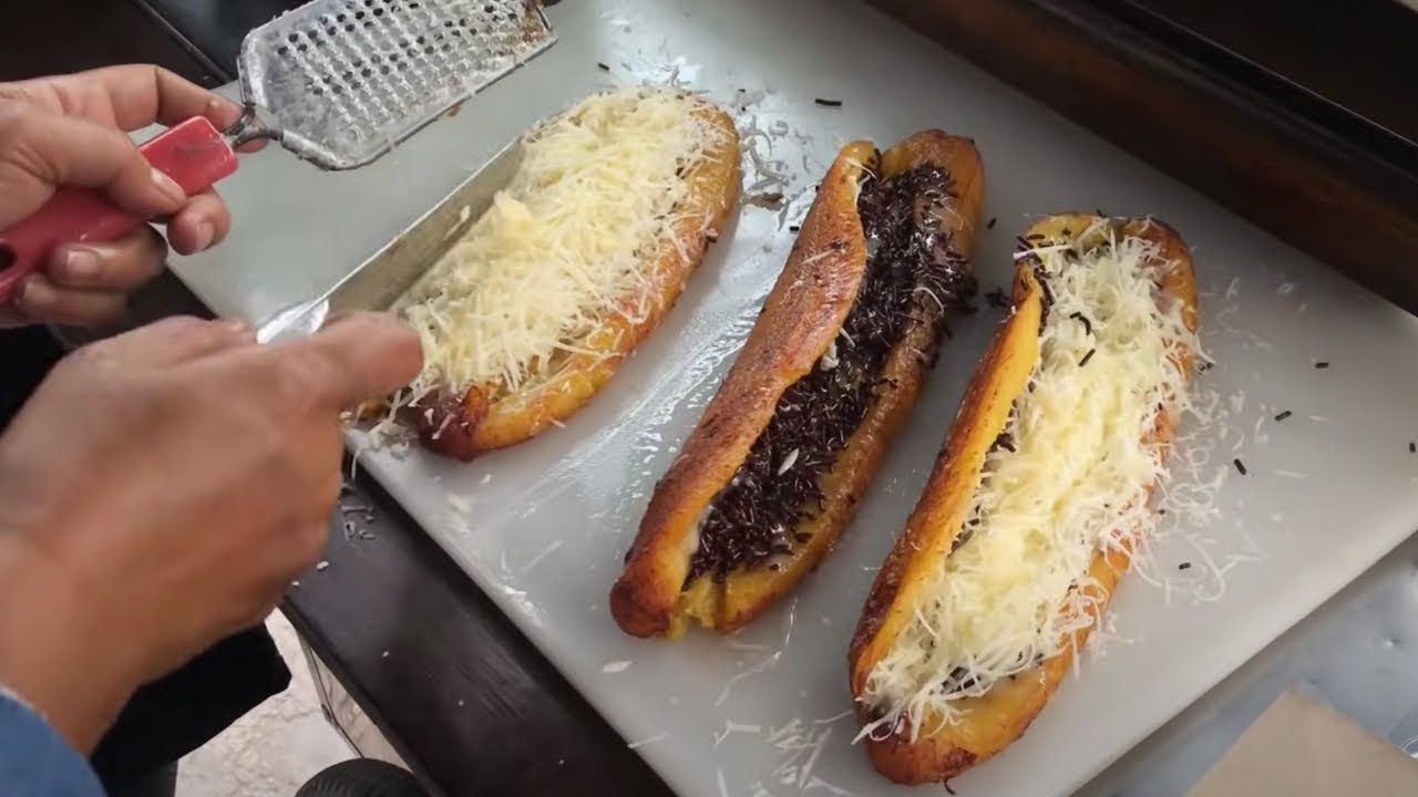 Street Food Indonesia Dessert for under $1 - fried bananas with various ...