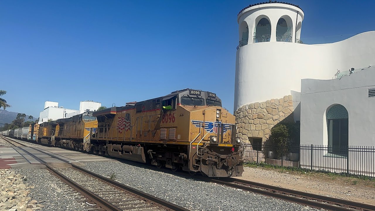 UP 8096 leads LOF67 rolling thru State St train crossing Santa Barbara ...