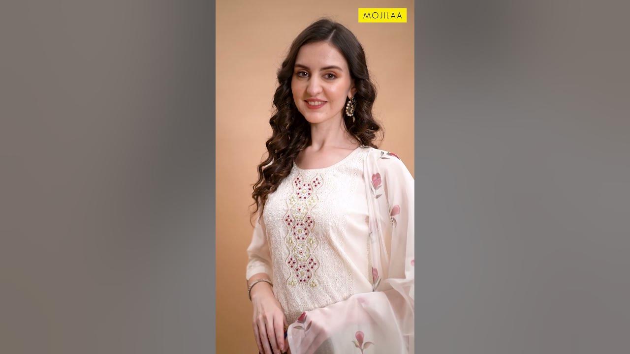 MOJILAA Women's Off-White Chanderi Silk Embroidered Chikankari Kurta With Pant & Dupatta-MJ0085 ...