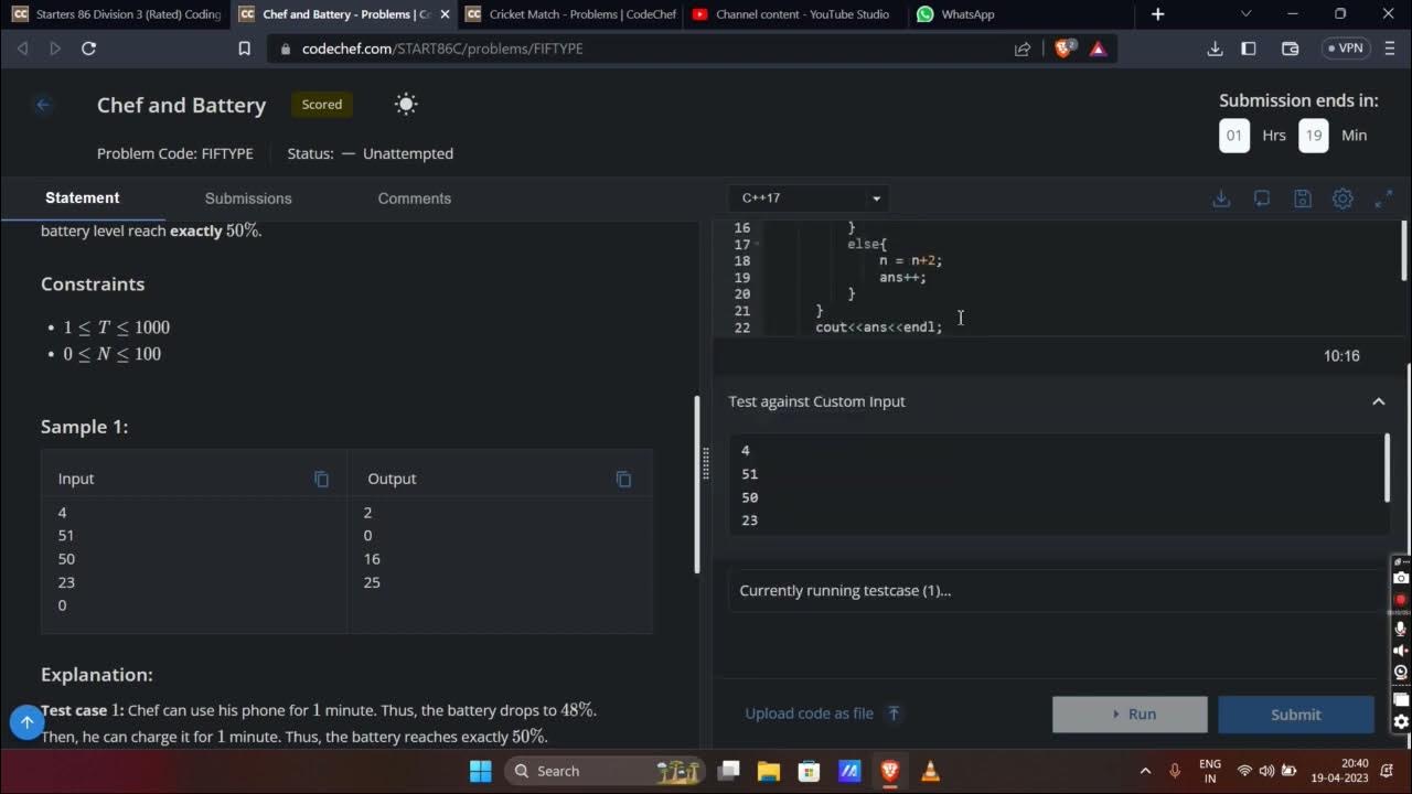 || chef and battery || codechef solution || starter 86 || - YouTube