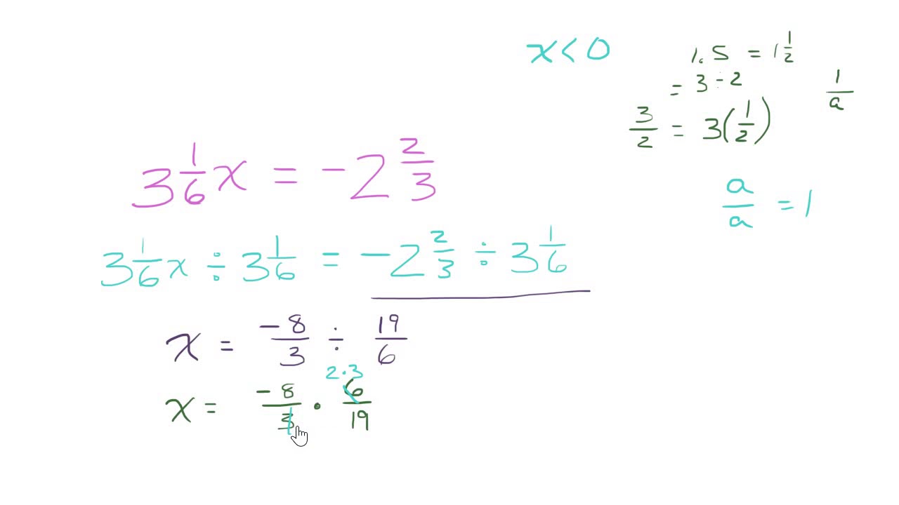 Solving 1 step equations with negative mixed numbers using division ...