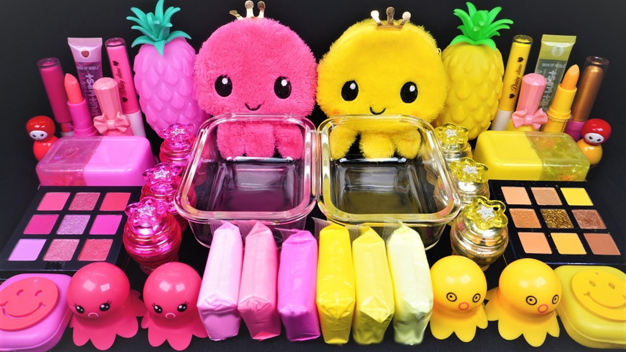 "Pink vs Yellow "Slime Mixing Makeup Eyeshadow Random into slime # ...