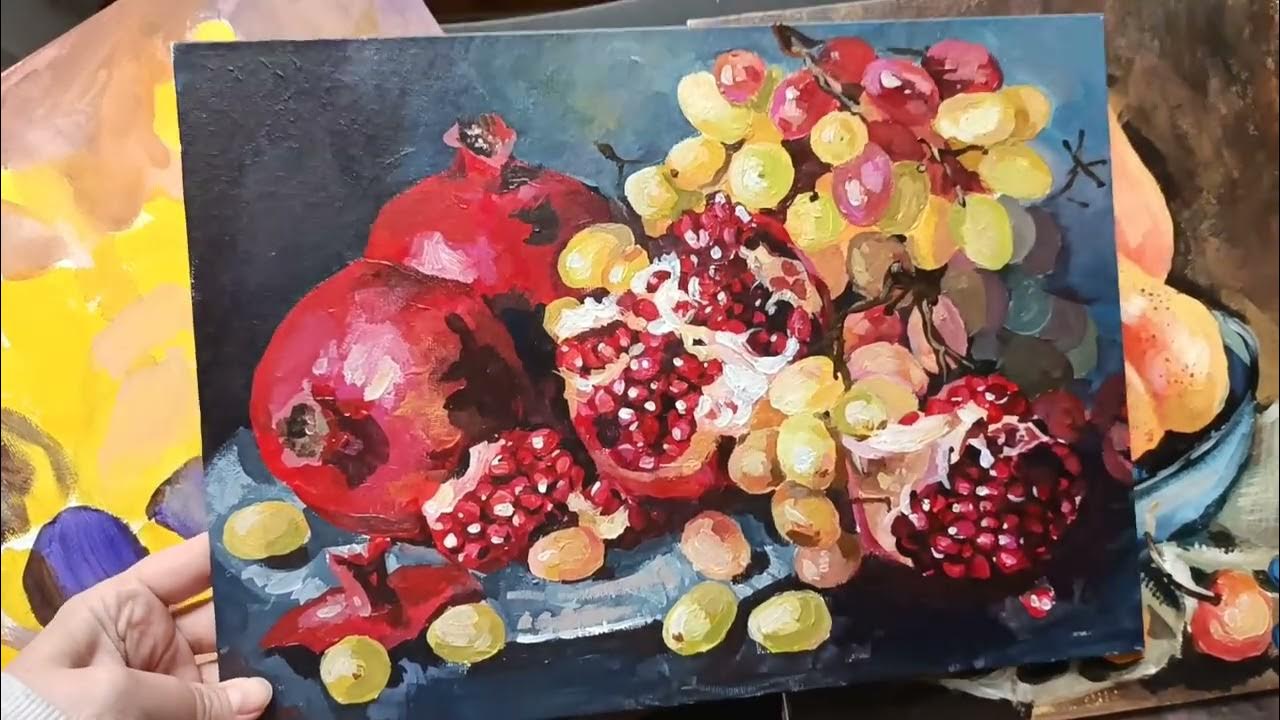натюрморт акрилом. рисую акрилом на картоне. натюрморт с гранатами ...
