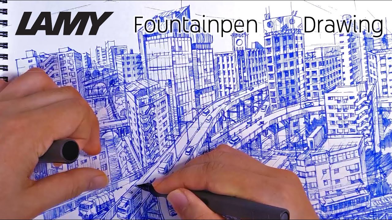 How to Draw Complex City with LAMY fountain pen! 라미 만년필로 복잡한 도시그리기 ...
