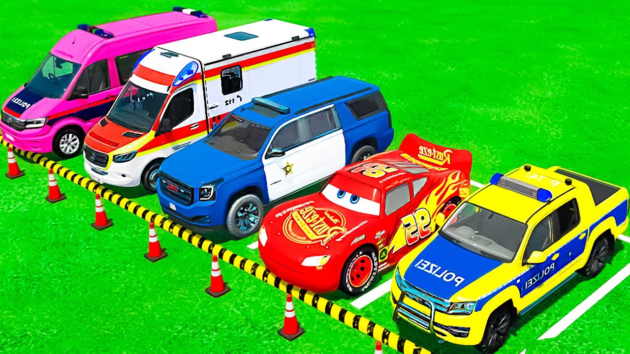 VOLKSWAGEN, MCQUEEN, GMC MEGA POLICE CAR AMBULANCE EMERGENCY ...