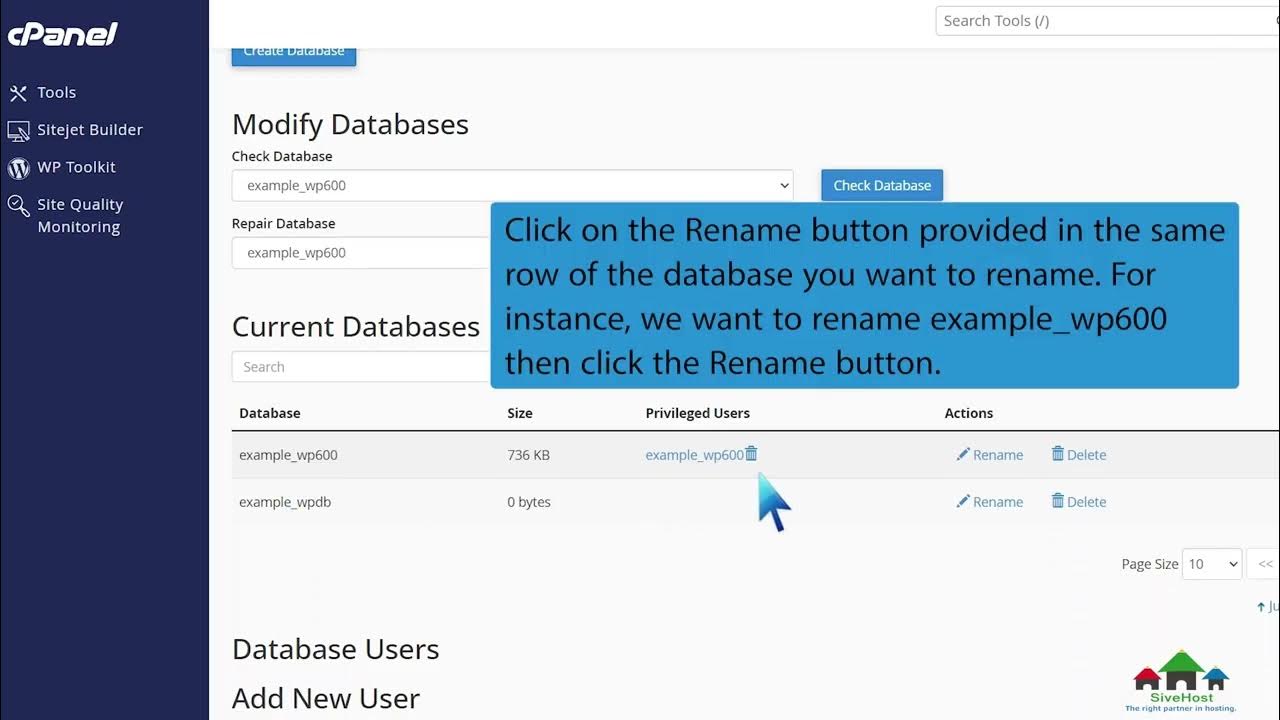 How to rename a database in cPanel with SiveHost - YouTube