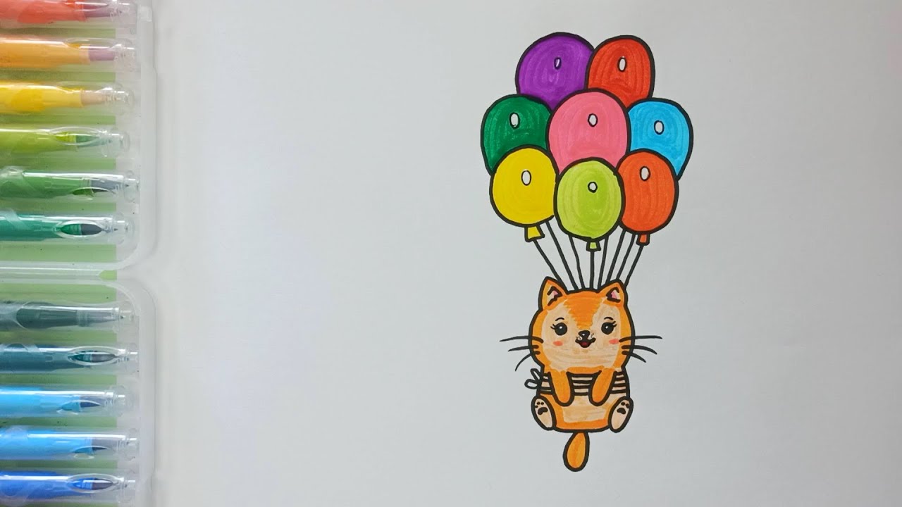 How to draw a cute cat flying in balloons - YouTube