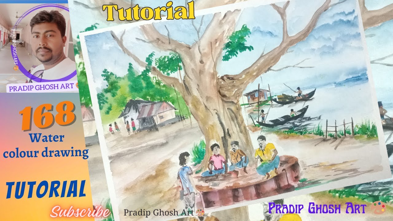 River side village drawing|how to draw a village boat ghat |water ...