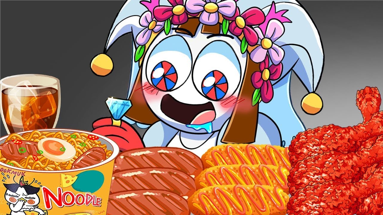 ASMR Mukbang | Pomni FRIED CHICKEN AND FIRE NOODLES EATING | Cartoon ...