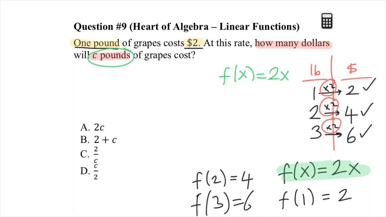 Question #9 - Heart of Algebra Linear Functions - YouTube