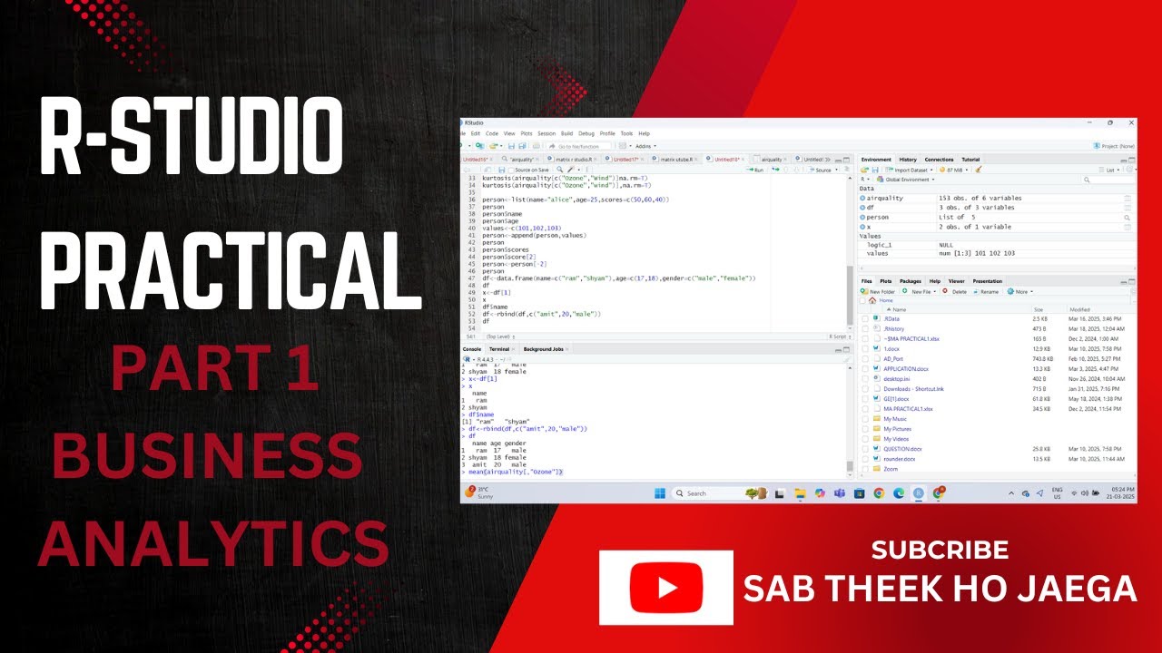 R STUDIO PRACTICAL, DU BCOM - BUSINESS ANALYTICS - PART 1 - YouTube