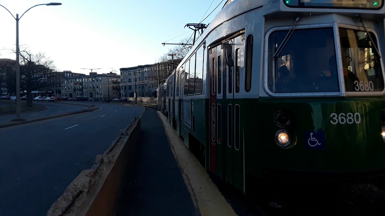 Boston MBTA Green Line train arriving at Allston Street Station ( Mar 5 ...