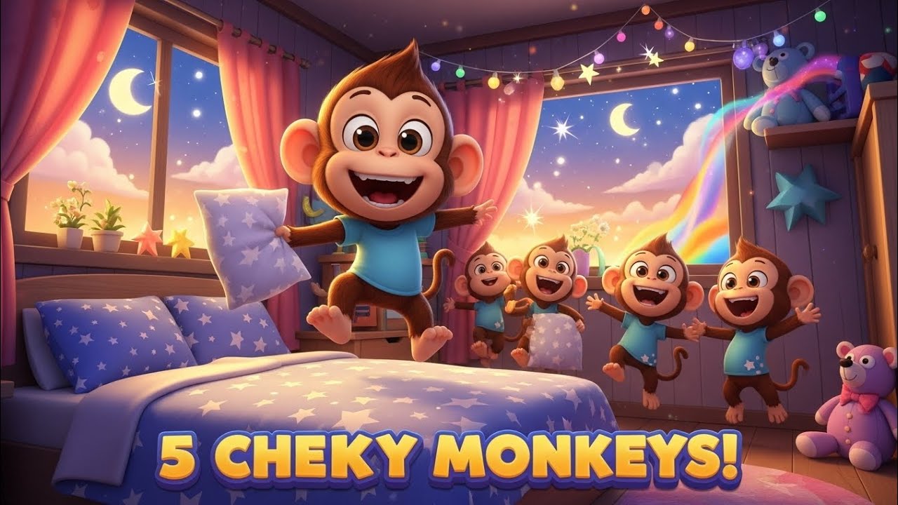5 Cheeky Monkeys Jumping on the Bed 🐵 | Story Time Fun Rhyme for Kids ...