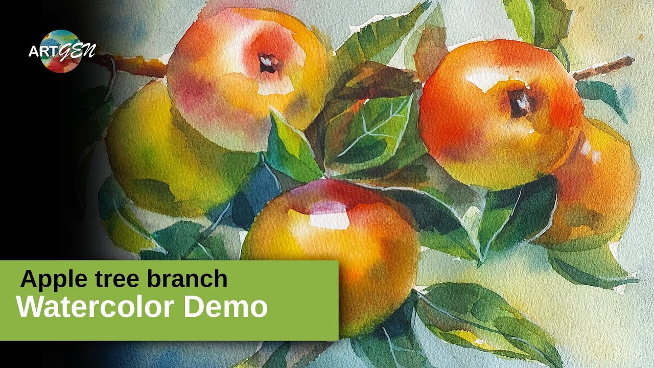 Watercolor painting of an apple tree branch done in watercolors. - YouTube