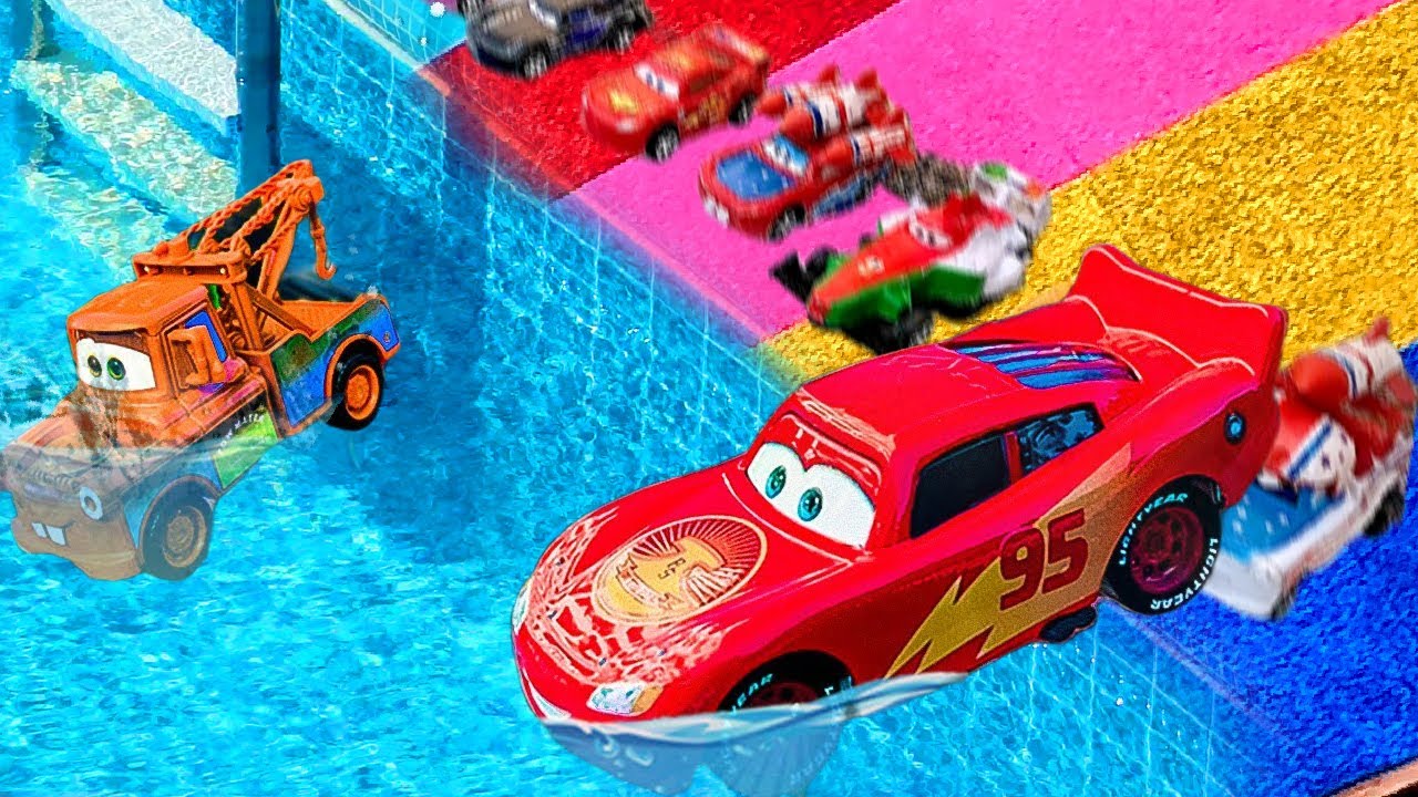 Disney Pixar Cars falling into deep pool, Lightning McQueen, Tow Mater ...