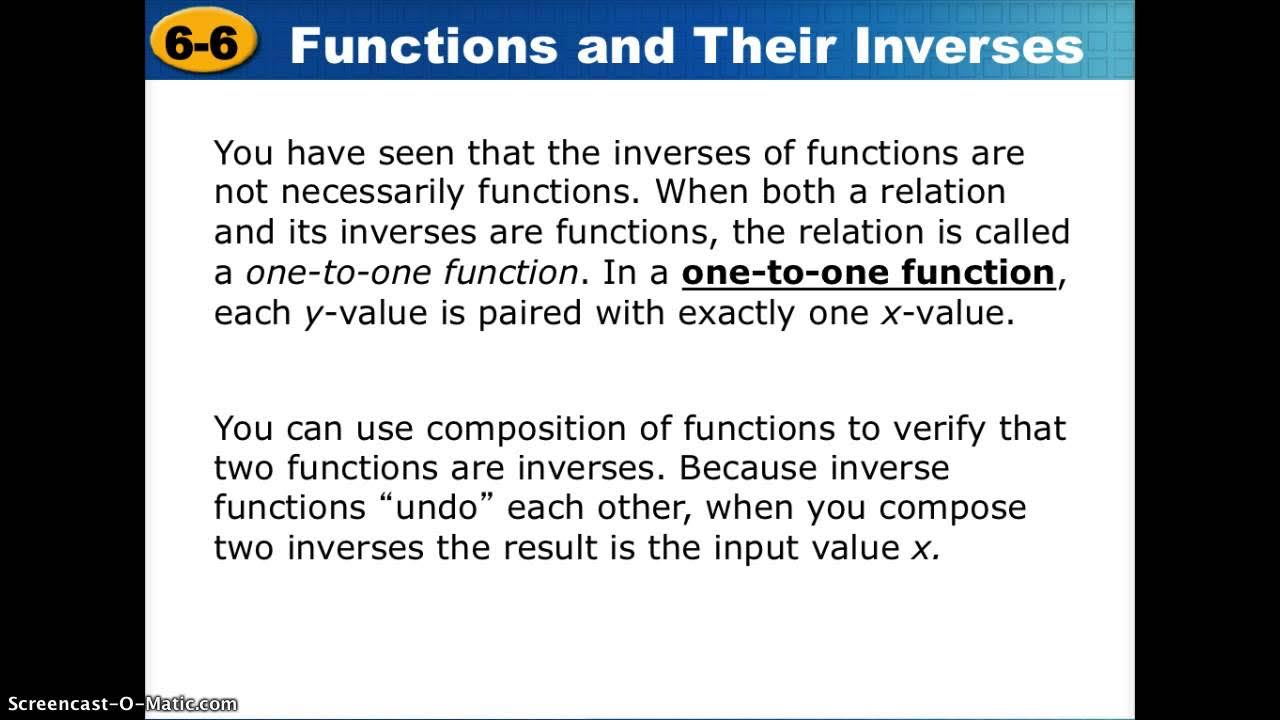 Alg2 6-6 Functions and Their Inverses - YouTube