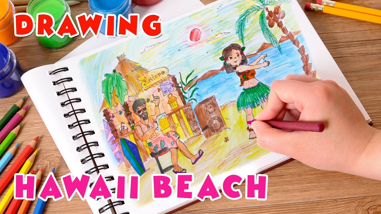 Hawaii Beach Drawing II Step by Step - YouTube