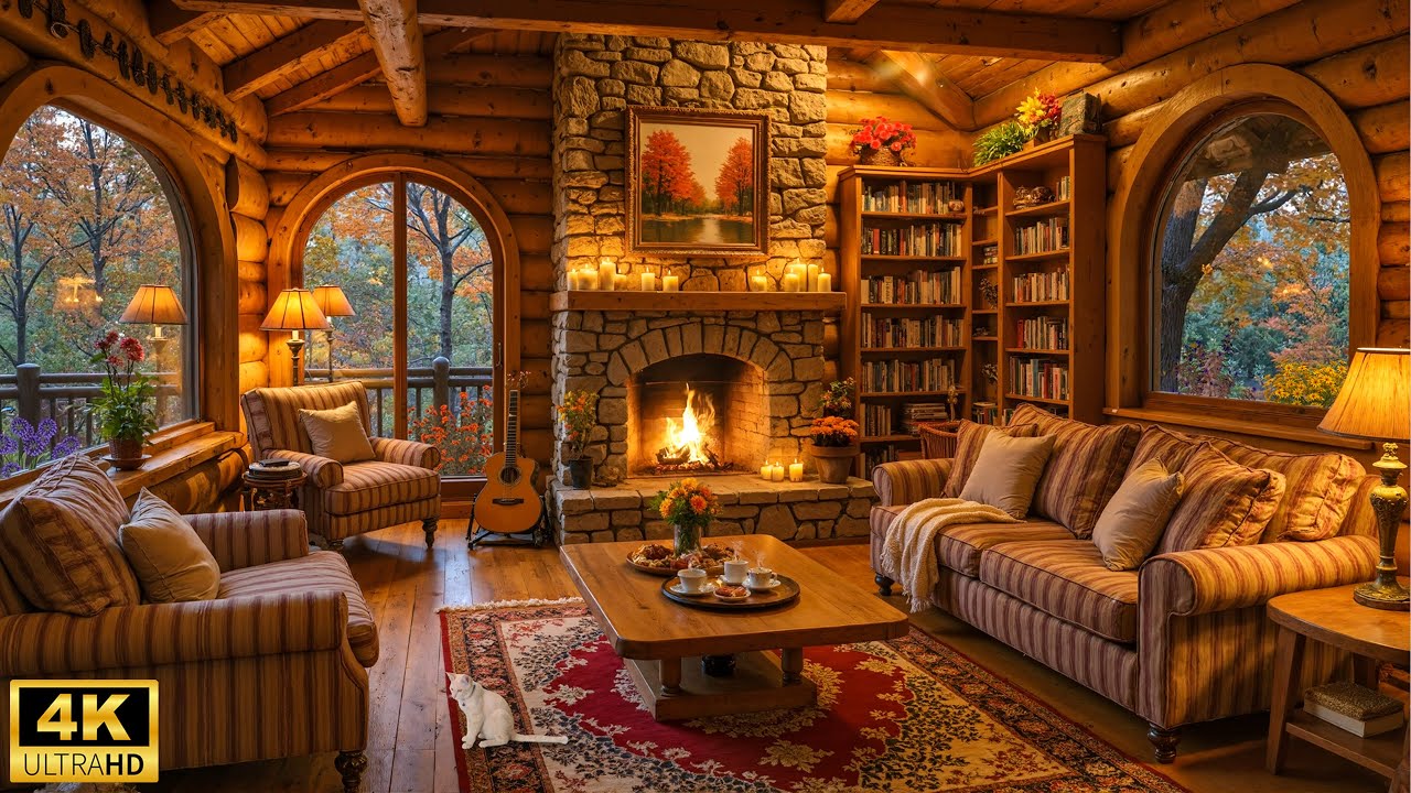 Cozy Autumn Library Ambience - Gentle Piano Music & Crackling Fireplace ...