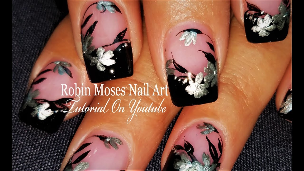 Silver and Black Flower Nails | Elegant Floral Nail Art Design Tutorial ...