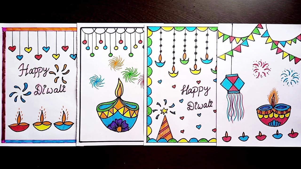 4 Best diwali card drawing idea | Beautiful happy diwali greeting card ...
