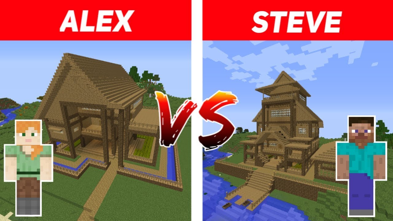 Minecraft BUILD - ALEX vs STEVE : SURVIVAL HOUSE OAK WOOD BUILD ...