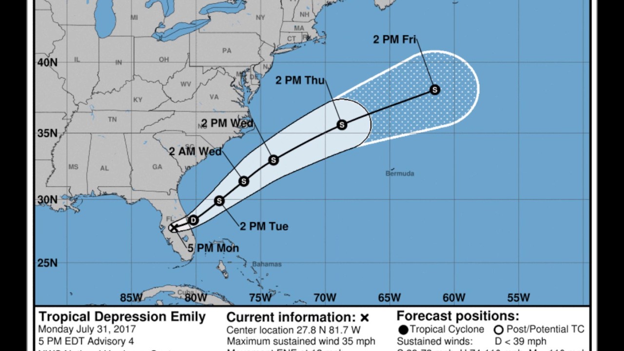 Tropical Storm Emily (2017) NHC Forecast Cone Adisory's - YouTube
